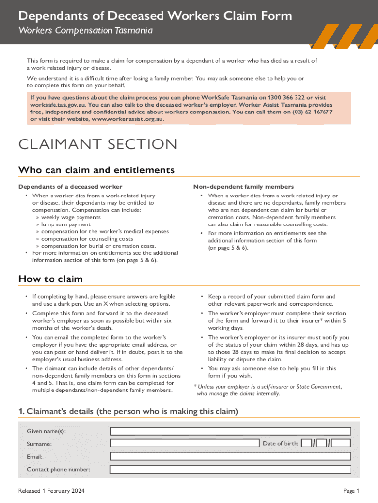 Fillable Online worksafe tas gov Dependants of Deceased Workers Claim ...