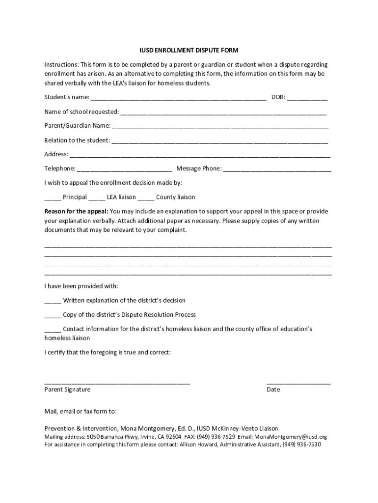 Fillable Online Fillable Online IUSD ENROLLMENT DISPUTE FORM Instructions Fax Email Print ...