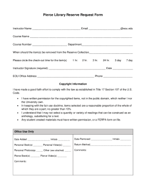 Fillable Online library eou Pierce Library Reserve Request Form Fax ...