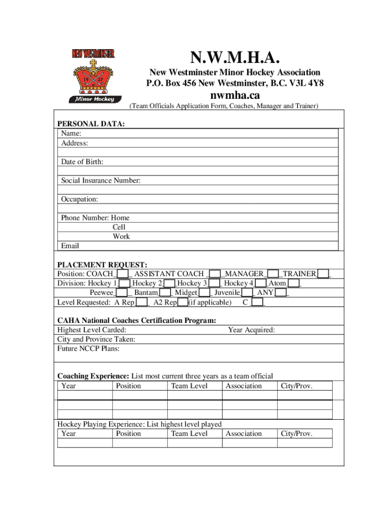 Fillable Online Fillable Online Coach/Team official application - New ...