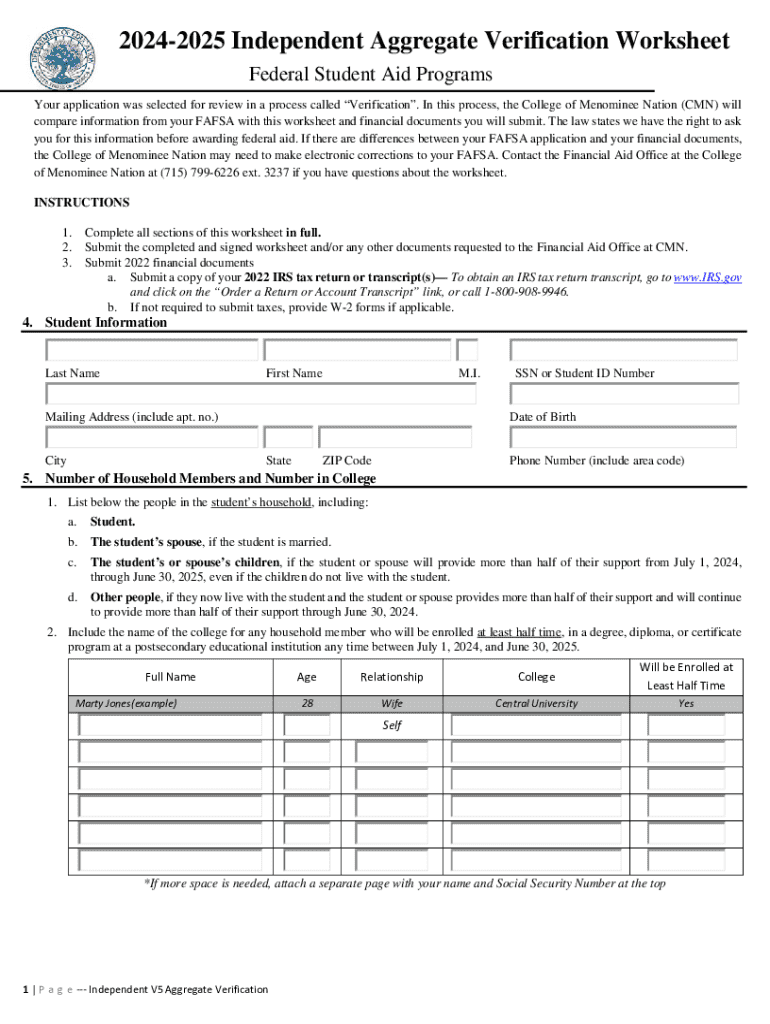 Fillable Online 2024-2025 Independent Aggregate Verification Worksheet Fax Email Print - pdfFiller