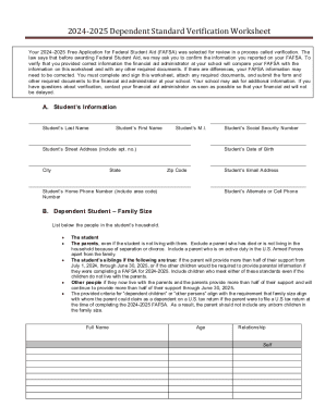 Fillable Online 2024-2025 Dependent Standard Verification Worksheet Fax Email Print - pdfFiller