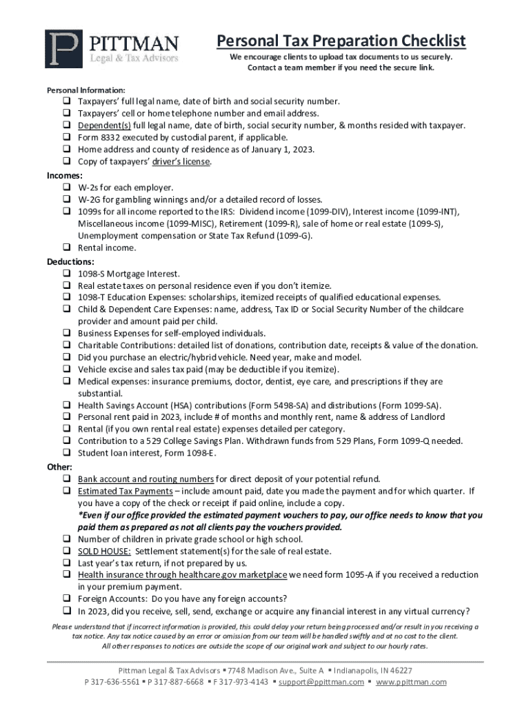 Fillable Online 2023 Personal Tax Preparation Checklist Fax Email Print ...