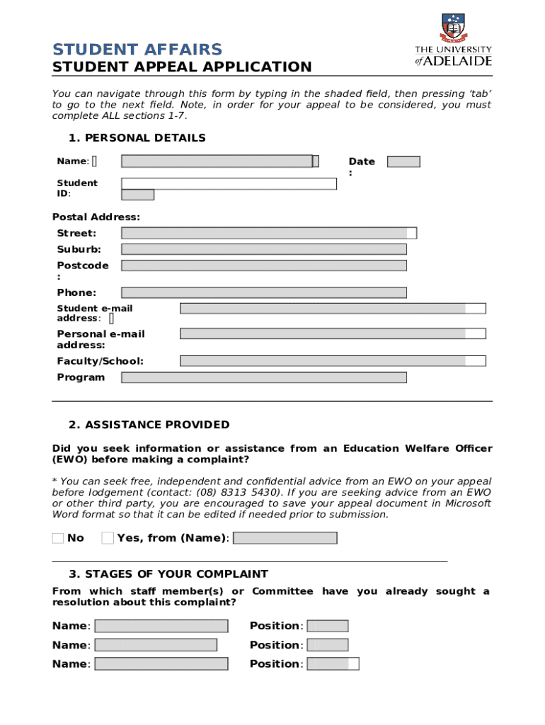 Student Appeal Application Doc Template | pdfFiller