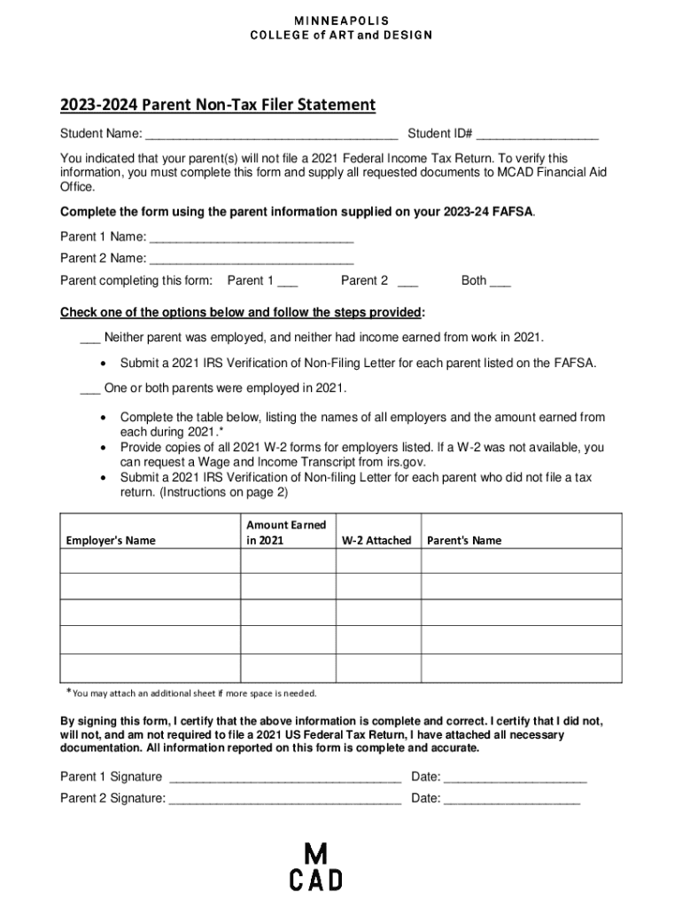 Fillable Online 2023-2024 Parent Certification for Non-Tax Filers Fax ...