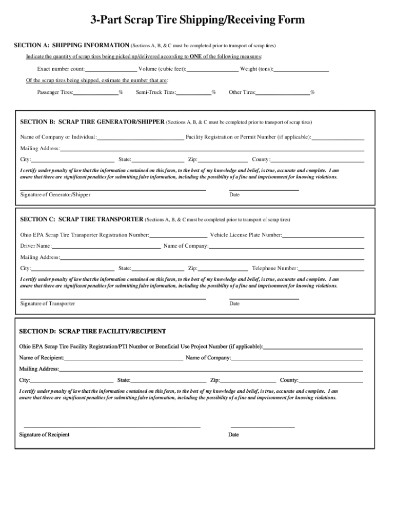 2023-2025 OH EPA 3-Part Scrap Tire Shipping/Receiving Form Fill Online ...