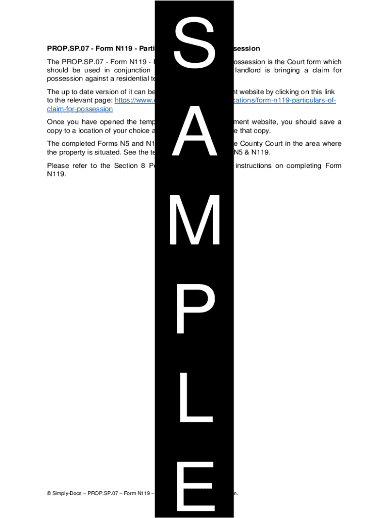 Fillable Online PROP.SP.07 - Form N119 - Particulars of Claim for ...