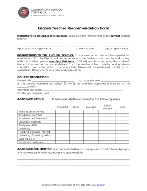 Fillable Online Current Teacher Recommendation Form Holy Name School Fax Email Print - pdfFiller