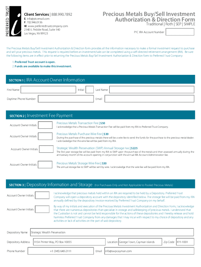Fillable Online The Precious Metals Buy/Sell Investment Authorization ...