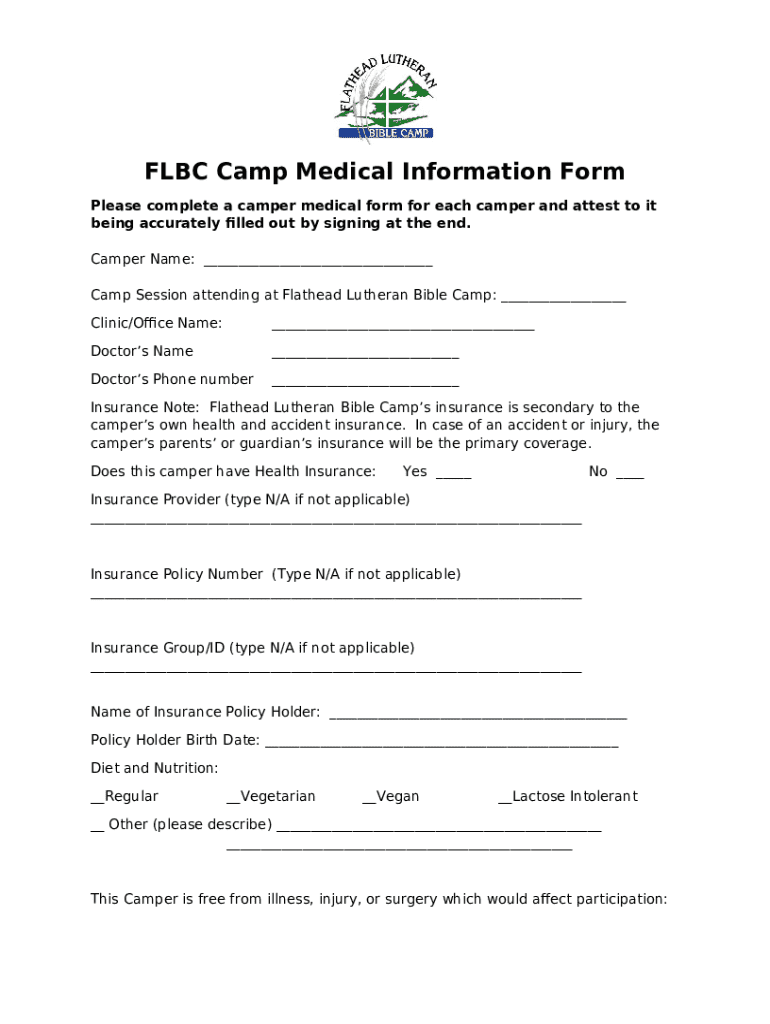 Overnight Camp 2018 Camper Ination and Medical Doc Template | pdfFiller