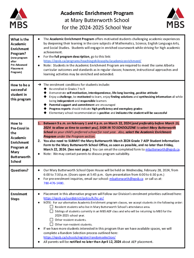 Fillable Online Academic Enrichment Program and Student Information Form Mary Butterworth 2024 ...
