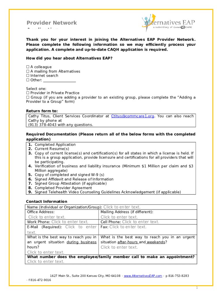 Alternatives-EAP-Provider-Network-Application-Agreement ... Doc Template | pdfFiller