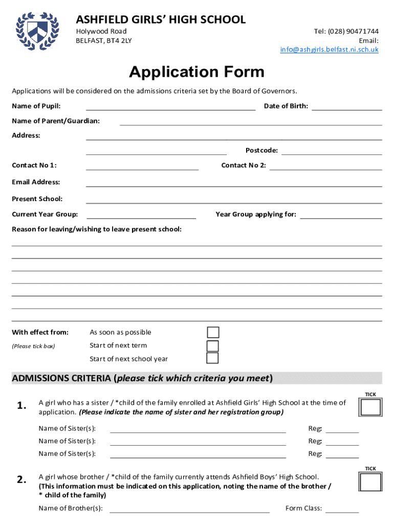 Fillable Online Application Form for Year 9 - 12 - Ashfield Girls' High ...