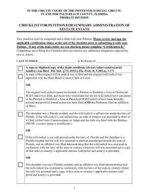Fillable Online CHECKLIST FOR PETITION FOR SUMMARY ADMINISTRATION OF ...
