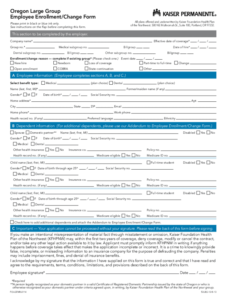 Fillable Online Oregon Large Group Employee Enrollment/Change Form Fax Email Print - pdfFiller