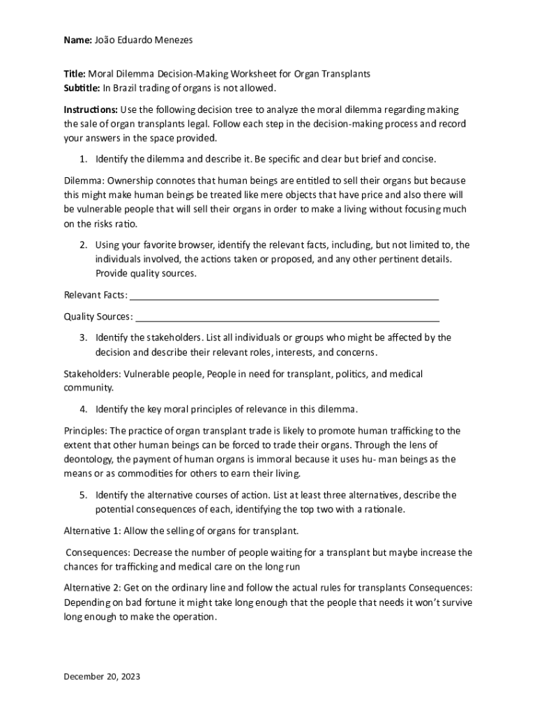 Fillable Online Moral Dilemma Decision-Making Worksheet for Organ ...