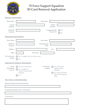 Fillable Online 78 Force Support Squadron ID Card Renewal Application ...