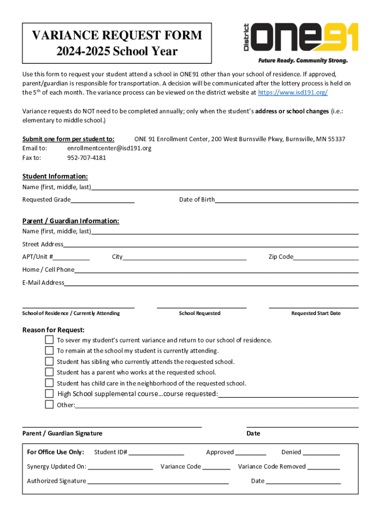 Fillable Online VARIANCE REQUEST FORM 2024-2025 School Year Fax Email ...