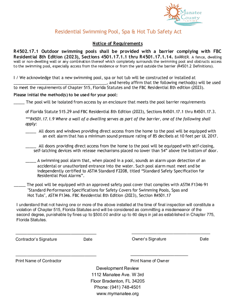 Fillable Online Residential Swimming Pool, Spa, & Hot Tub Safety Act ...