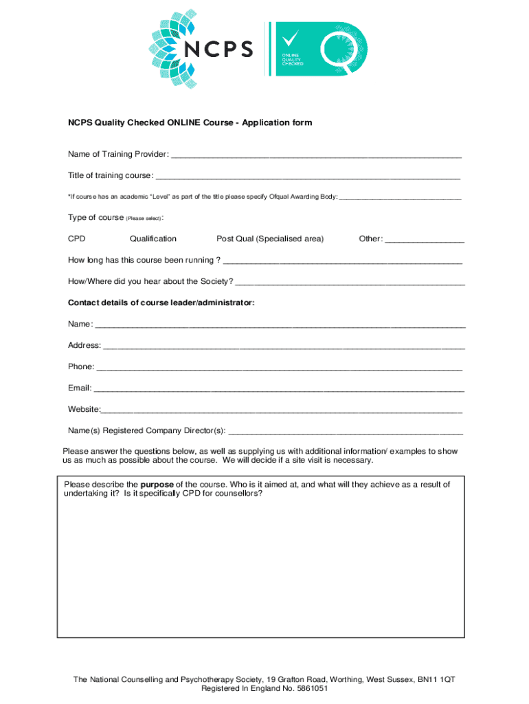 Fillable Online NCPS Quality Checked ONLINE Course - Application form Fax Email Print - pdfFiller