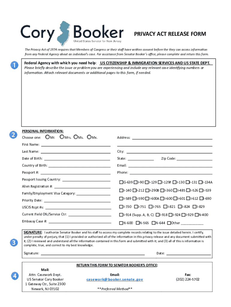Fillable Online PRIVACY ACT RELEASE FORM - Senator Cory Booker Fax ...
