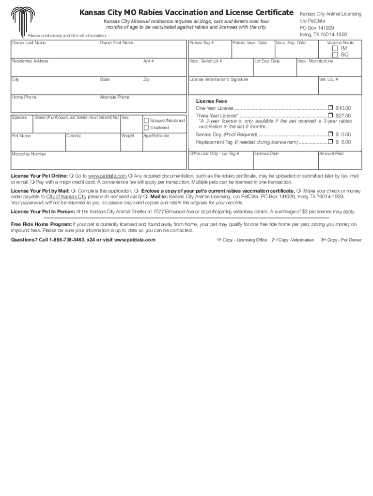Kansas City MO Rabies Vaccination and License Certificate: Fill out ...