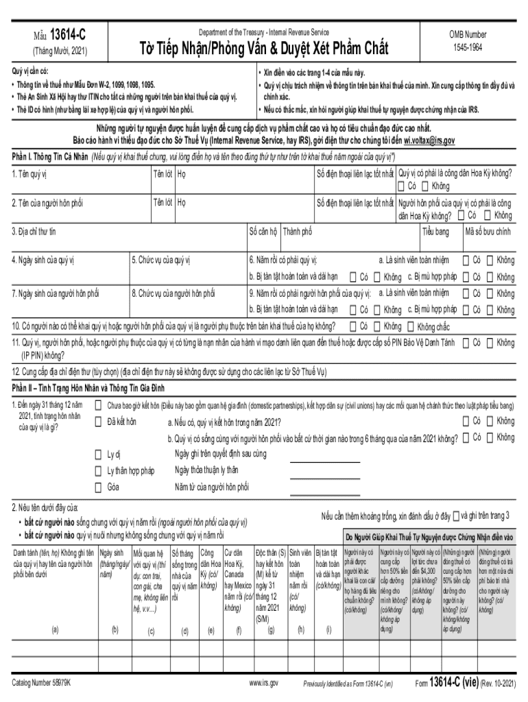 Fillable Online Form 13614-C (vie) (Rev. 10-2021). Intake/Interview & Quality Review Sheet ...