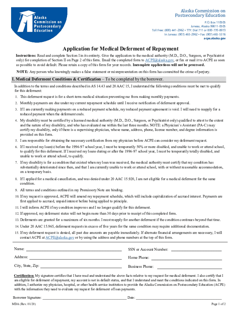 Fillable Online Application for Medical Deferment of Repayment Fax ...