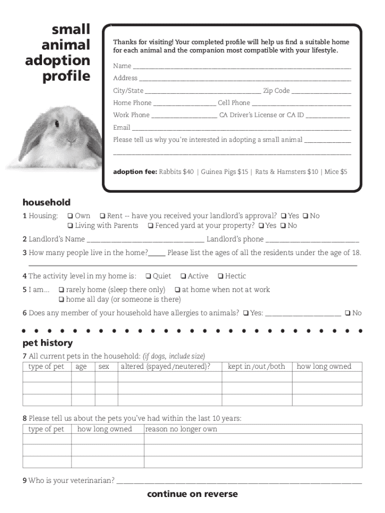 Fillable Online small animal adoption profile Fax Email Print - pdfFiller