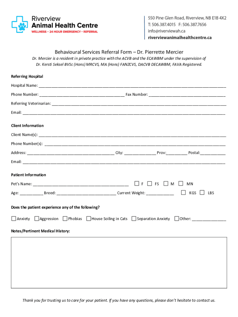 Fillable Online Behavioural Services Referral FormDr. Pierrette Mercier Fax Email Print - pdfFiller