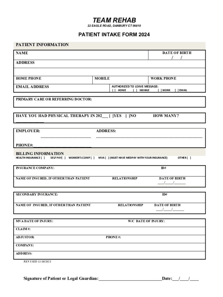 Fillable Online NEW PATIENT INTAKE FORM - TEAM REHAB 22 EAGLE ... Fax ...