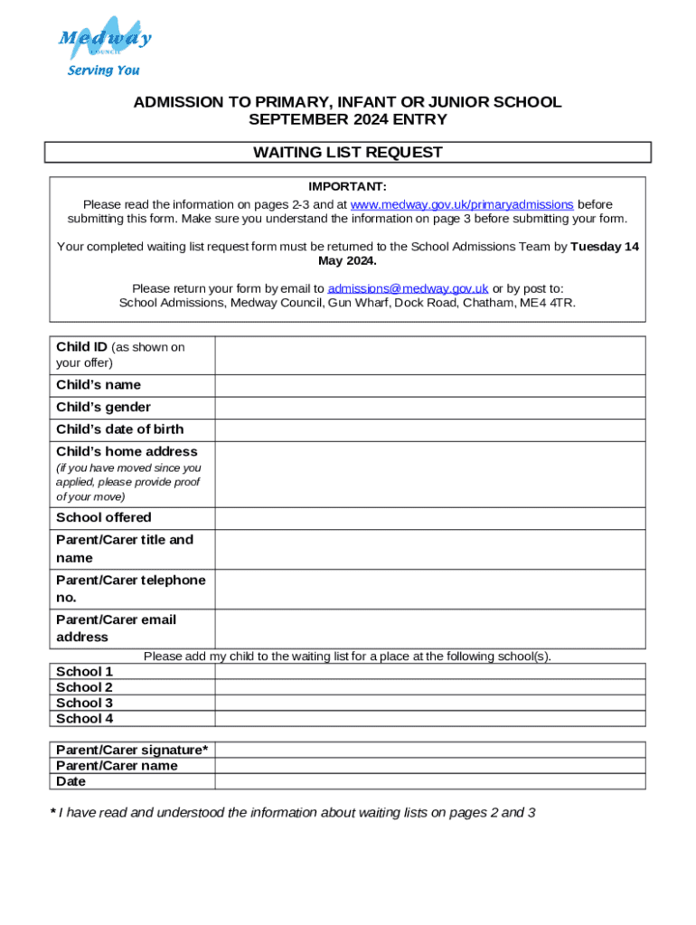 Primary Admissions - Waiting List Request Doc Template | pdfFiller