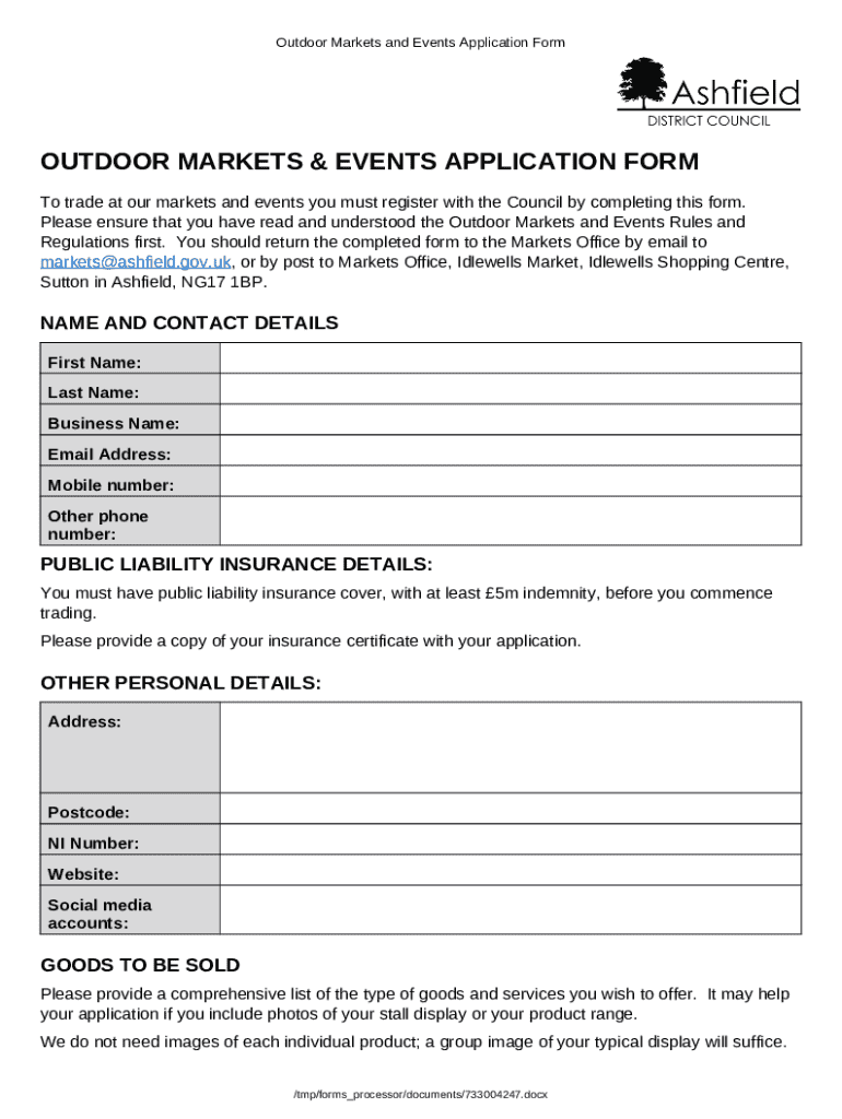 Outdoor Markets and Events Application Doc Template | pdfFiller