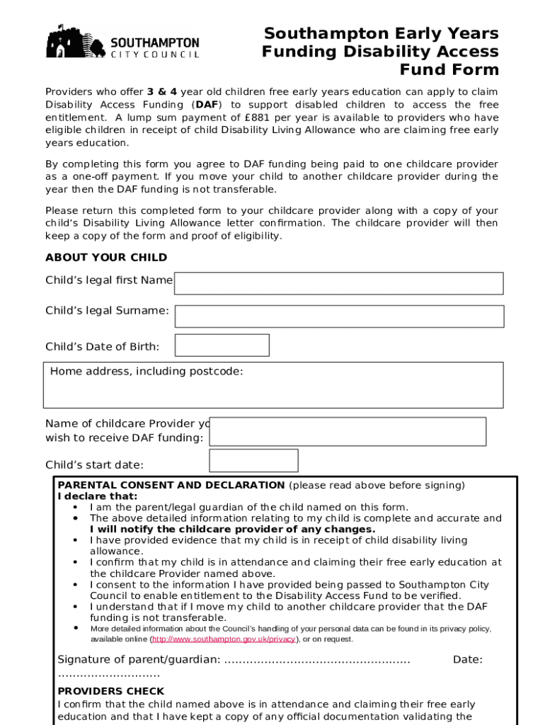 Southampton Early Years Funding Disability Access Fund Doc Template ...
