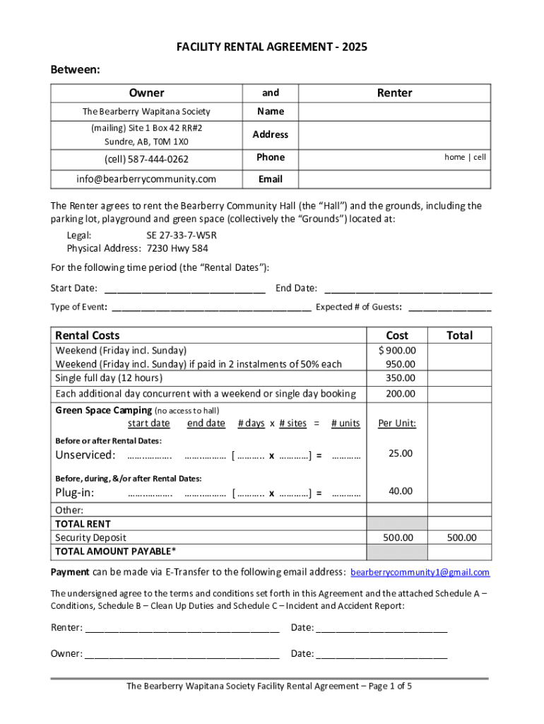 Fillable Online FACILITY RENTAL AGREEMENT - 2025 Between: Owner Fax ...