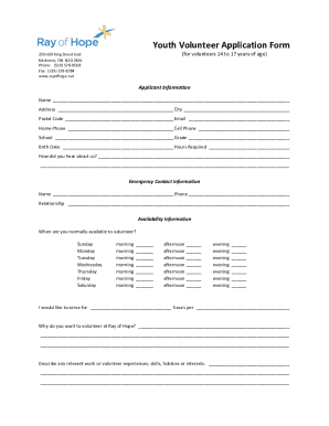Fillable Online Fillable Online Youth Volunteer Application Form - Ray of ... Fax Email Print ...