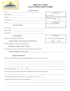 Fillable Online ORE-IDA CAMPS STAFF APPLICATION FORM Fax Email Print ...