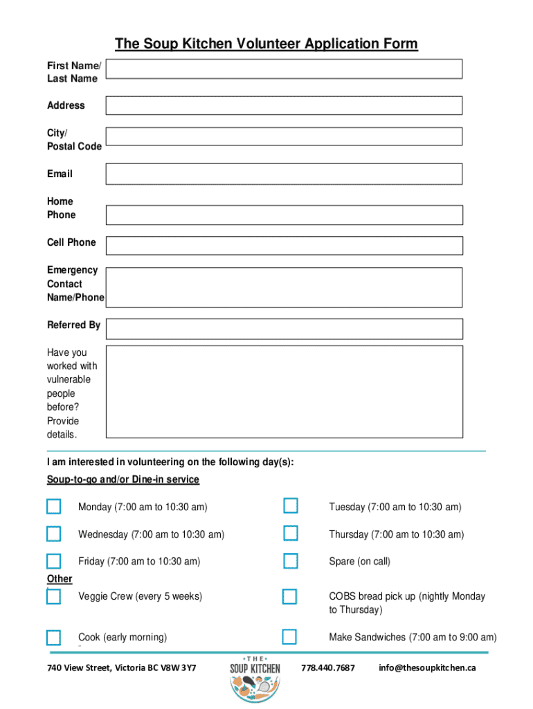 Fillable Online The Soup Kitchen Volunteer Application Form Fax Email ...