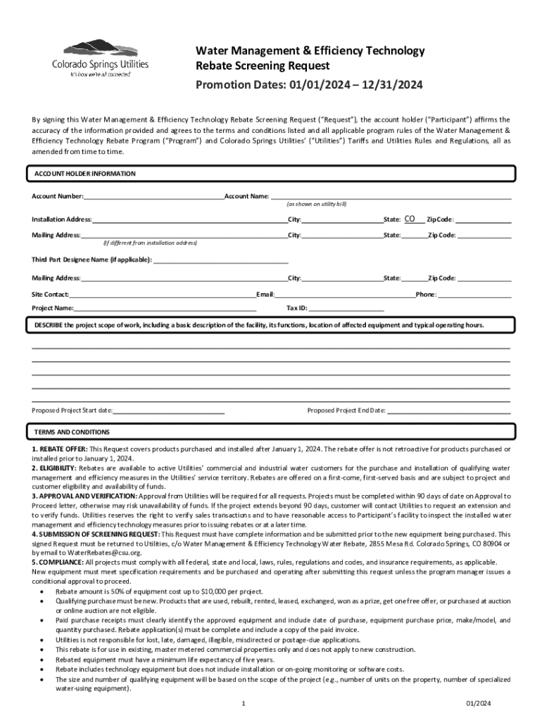 Fillable Online Water Management & Efficiency Technology Rebate Screening Request. Water ...