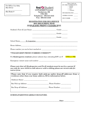 Fillable Online Bus Registration Form Sylvia Fedoruk School (First ...