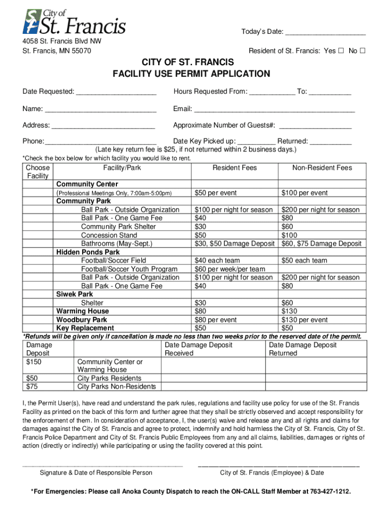 Fillable Online CITY OF ST. FRANCIS FACILITY USE PERMIT ... Fax Email ...
