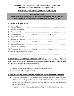 Fillable Online cooperatives govmu Application form for internal control by the MCA 25.01.22 Fax ...