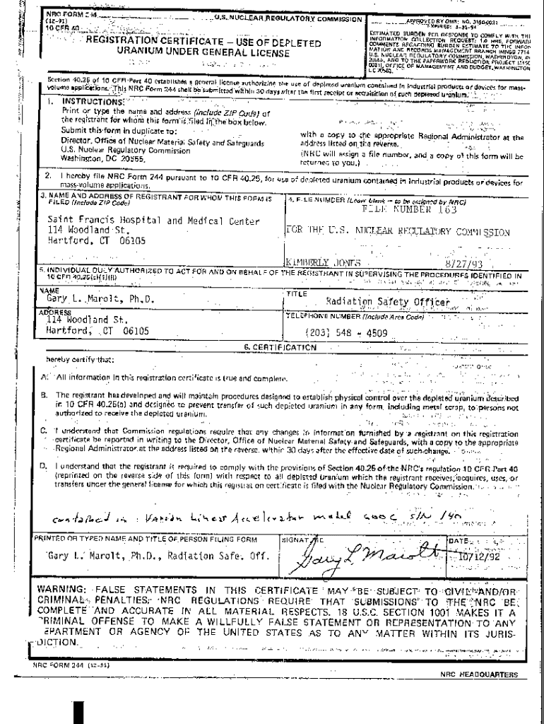 Fillable Online NRC Form 244, Registration Certificate - Use of ...