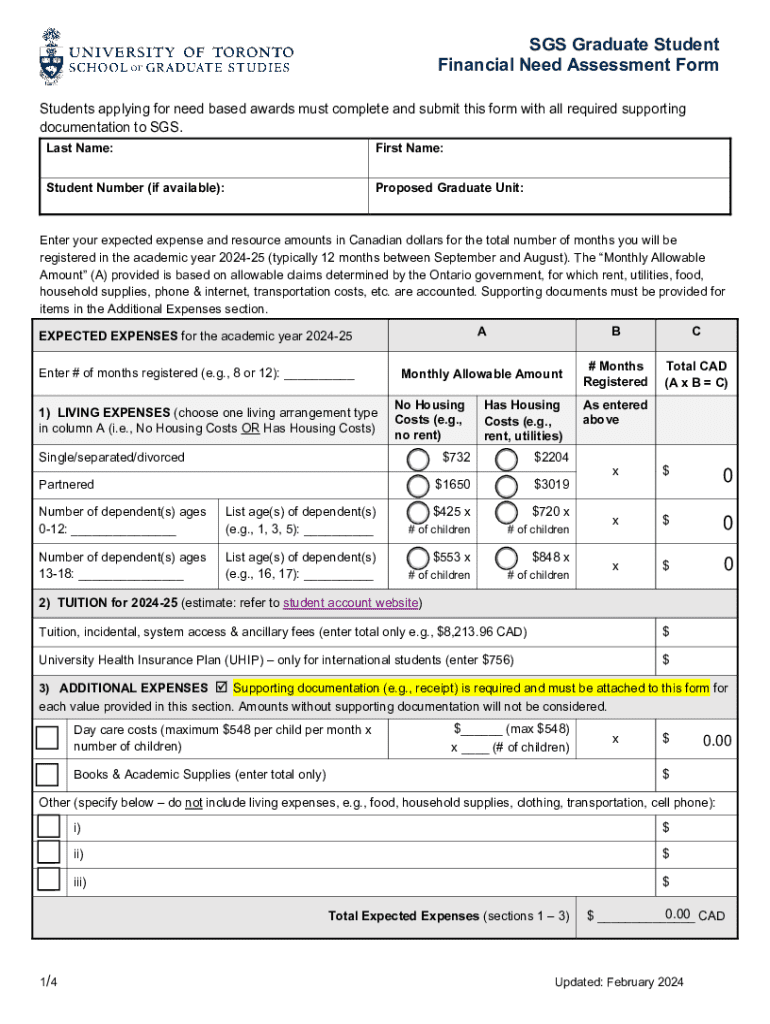 Fillable Online Graduate Students Financial Need Assessment Form Fax ...