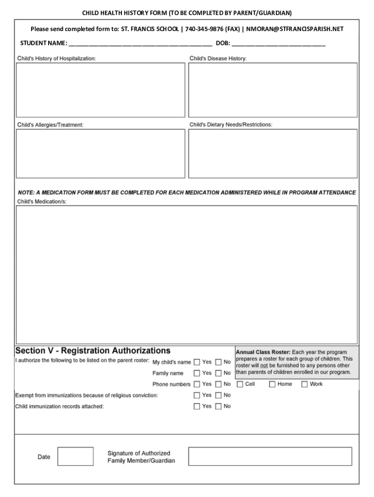 Fillable Online Child Health History Form - St. Francis de Sales School Fax Email Print - pdfFiller