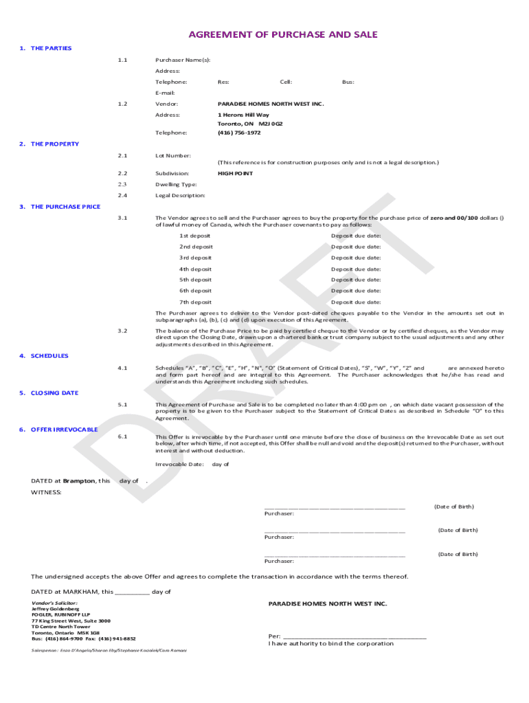 Fillable Online Fillable Online Agreement of Purchase and Sale - Paradise ... Fax Email Print ...