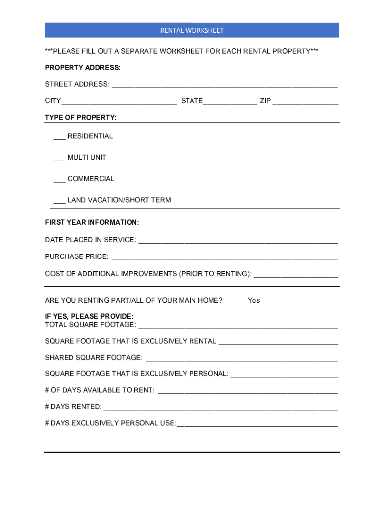 Fillable Online Rental Worksheet- TD - Progressive Mortgages Fax Email ...