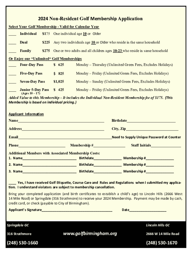 Fillable Online 2024 Non-Resident Golf Membership Application Fax Email ...