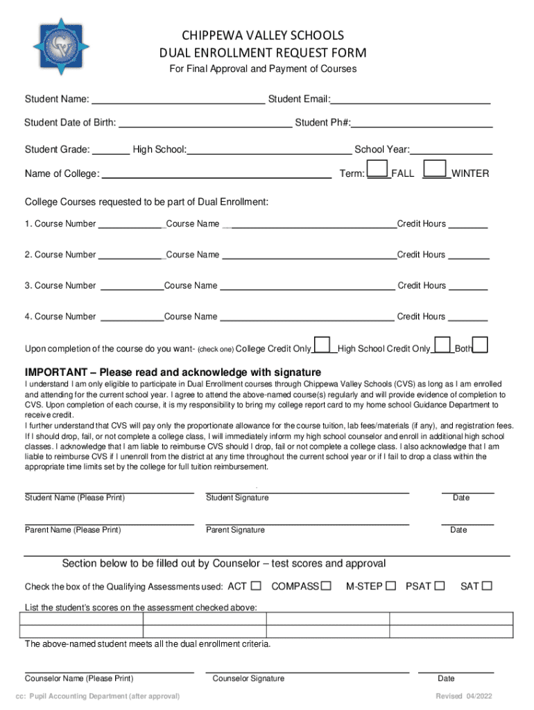 Fillable Online DUAL ENROLLMENTREQUEST FORM Fax Email Print - pdfFiller