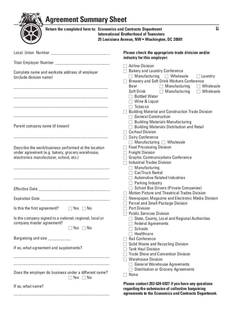 Fillable Online Agreement Summary Sheet Fax Email Print - pdfFiller